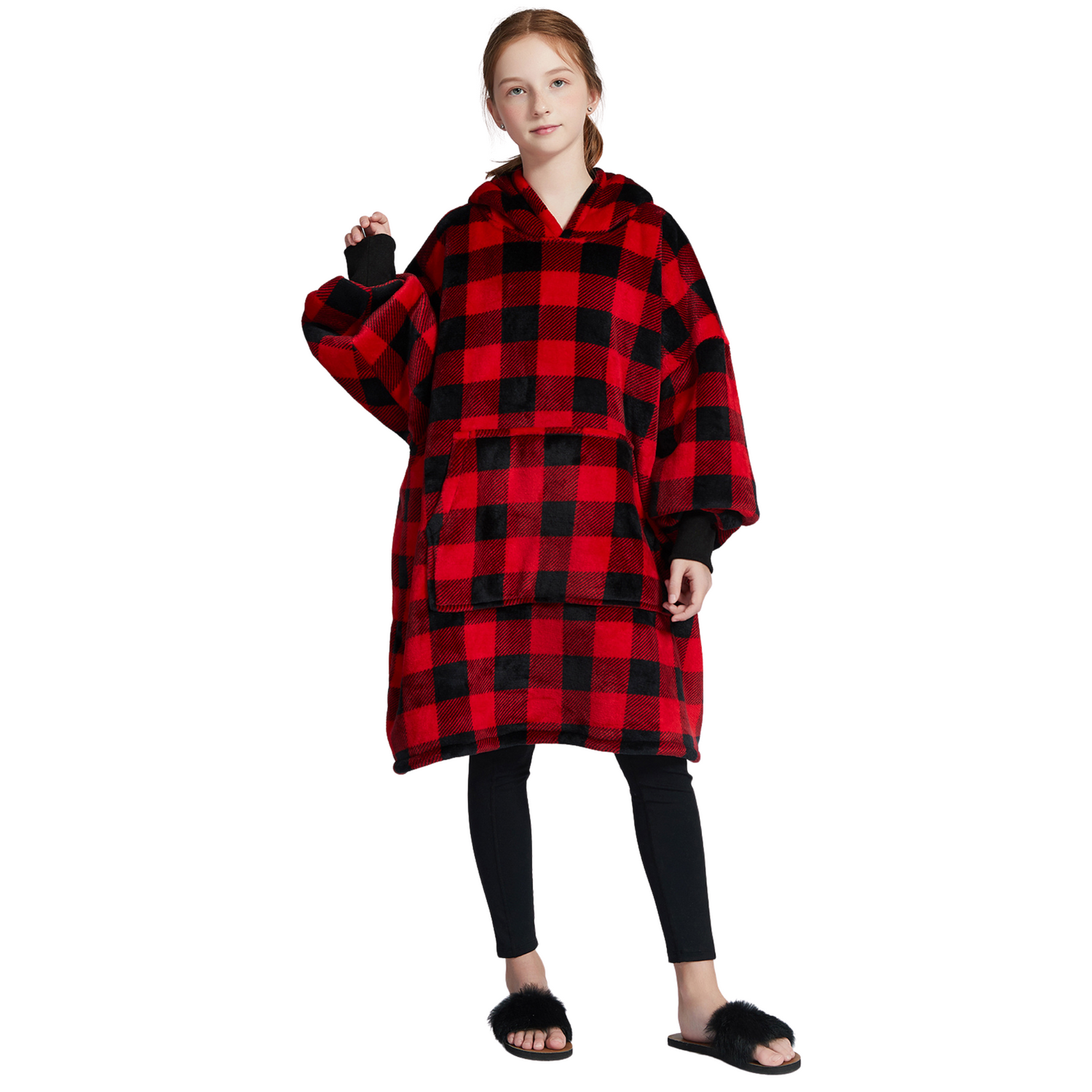 Noony zwart-rood geblokte hoodie deken voor kinderen 84 cm vanaf 6 jaar ...